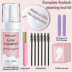 BeMyLady Eyelash Extension Shampoo 100ml Eyelash Shampoo for Lash Extensions Gentle Eyelid Foaming Cleanser for Sensitive Skin Remove Makeup & Oil, Paraben & Sulfate Free (3.38Fl Oz)