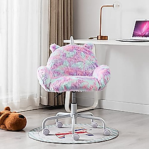 Guyou Children Study Desk Chair Height Adjustable Swivel Chair with Armrests Computer Chair for Kids, Rainbow Faux Fur Soft Fluffy Shaggy Dog