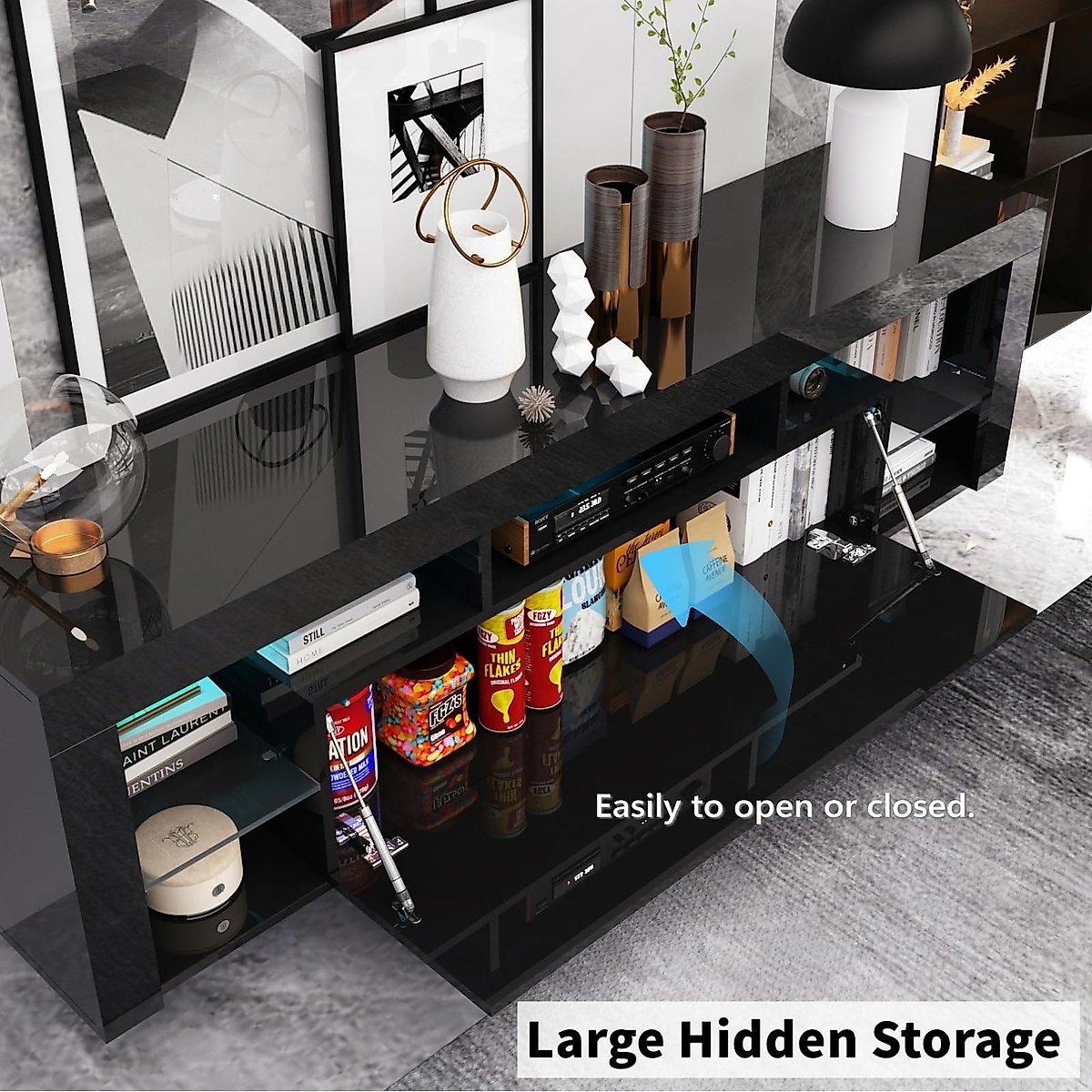Gitua Floating TV Stand Wall Mounted, High Gloss LED Floating Entertainment Center with Storage&Adjustable Glass Shelf, TV Stand for 65 Inch TV, Gaming Media Center Console Table with Lights, Black