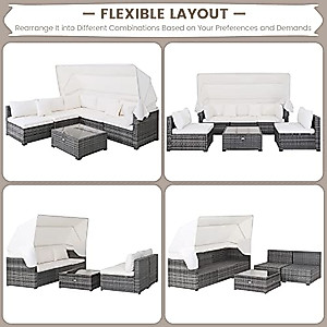 HAPPYGRILL 6-Piece PE Rattan Patio Furniture Set, Outdoor Sectional Sofa Set with Retractable Canopy, Patio Conversation Set with Tempered Glass Coffee Table, Soft Cushions and 2 Throw Pillows