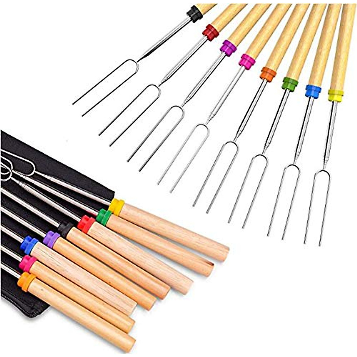 Wonderland Marshmallow Roasting Sticks with Wooden Handle Extendable Forks Set of 8 Pcs Telescoping Smores Skewers for Campfire, Firepit, and Sausage BBQ, 32 Inches
