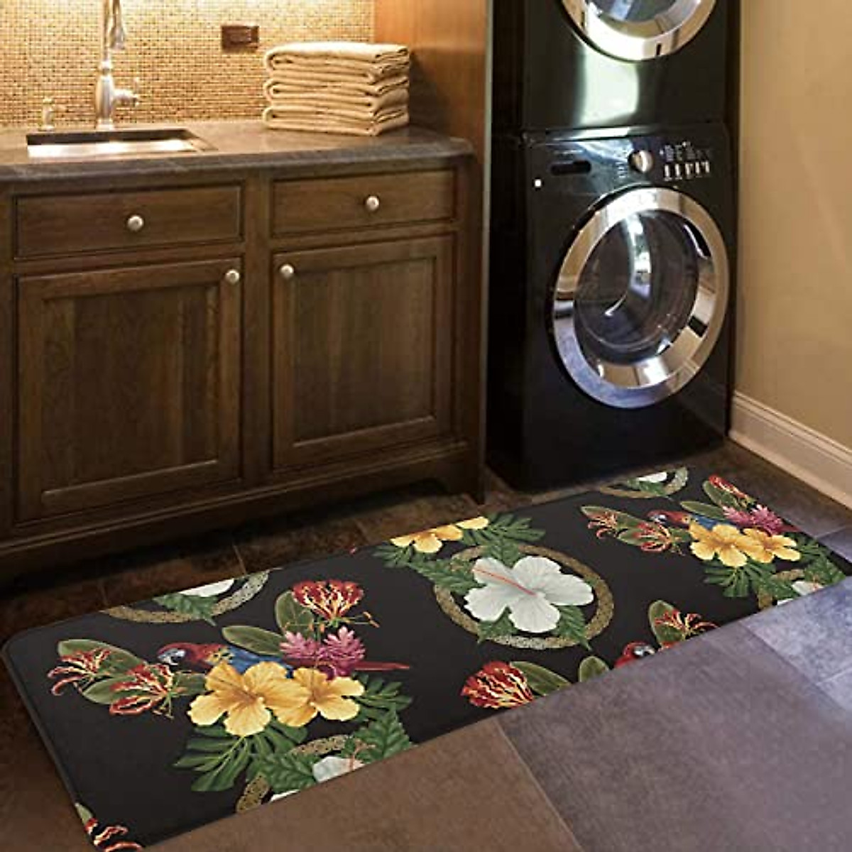 Libaoge Kitchen Mat Rug 1 PCS Tropical Plant Flowers Parrot Red Ginger Flower Hibiscus Runner Rug Anti-Fatigue Comfort Memory Foam Standing Mat Non-Slip Floor Door Mat for Bathroom Bedroom 24x71in