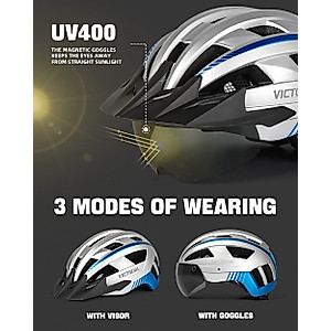 VICTGOAL Bike Helmet with USB Rechargeable Rear Light Detachable Magnetic Goggles Removable Sun Visor Mountain & Road Bicycle Helmets for Men Women Adult Cycling Helmets (L: 57-61 cm, Silver)