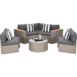 SOLAURA 5-Piece Patio Sectional Furniture Set Half-Moon Patio Set Grey Wicker Curved Outdoor Sofa with Grey Cushions & Round Glass Coffee Table (Pillow Included)