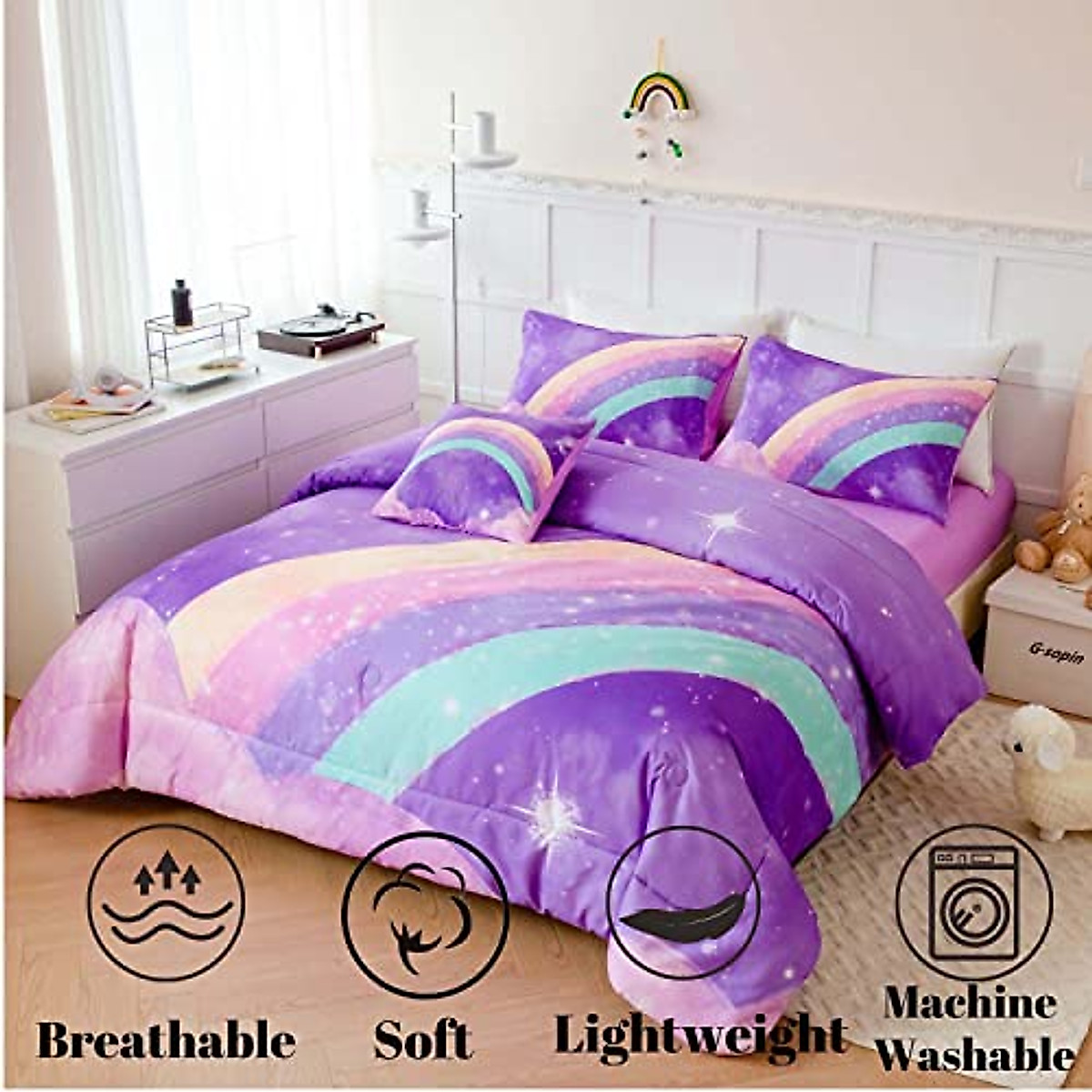 ANGIYUIN Purple Twin Bed in A Bag, 6 Pieces Rainbow Gradient Glitter Bedding Sets for Girls, 3D Galaxy Nebula Kids Comforter Set with Comforter Sheets Pillowcases for All Season