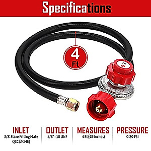 GasOne 2109-RED 4 ft High Pressure 0-20 PSI Adjustable Regulator with Red QCC-1 Type Hose-Works with Newer U.S. Propane Tanks