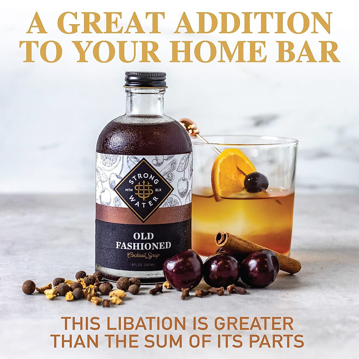 Strongwater Old Fashioned Mix - Makes 32 Cocktails - Handcrafted Old Fashioned Syrup with Bitters, Orange, Cherry, Organic Demerara Sugar - Craft Cocktail Mixer, Just Mix with Bourbon,Whiskey - 1 Pack