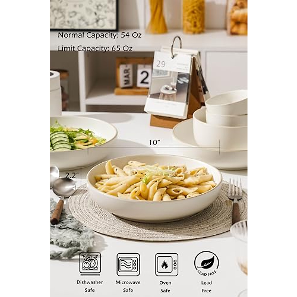 S&Q'S CERAMICS Large Serving Bowls Set of 4, 65 Ounce Large Salad Bowls,10'' Ceramic Wide Shallow Bowl Plates, Big Serving Dishes for Party, Entertaining, Microwave Safe (Glazed Matte Off-White)