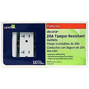 Leviton M02-T5825-Wmp 20a 125v White Decora Tamper Resistant Outlets 10 Count
