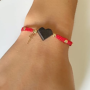 LESLIE BOULES Red Thread Genuine Heart Azabache Bracelet with Tiny Gold Plated Catholic Cross Handmade Jewelry