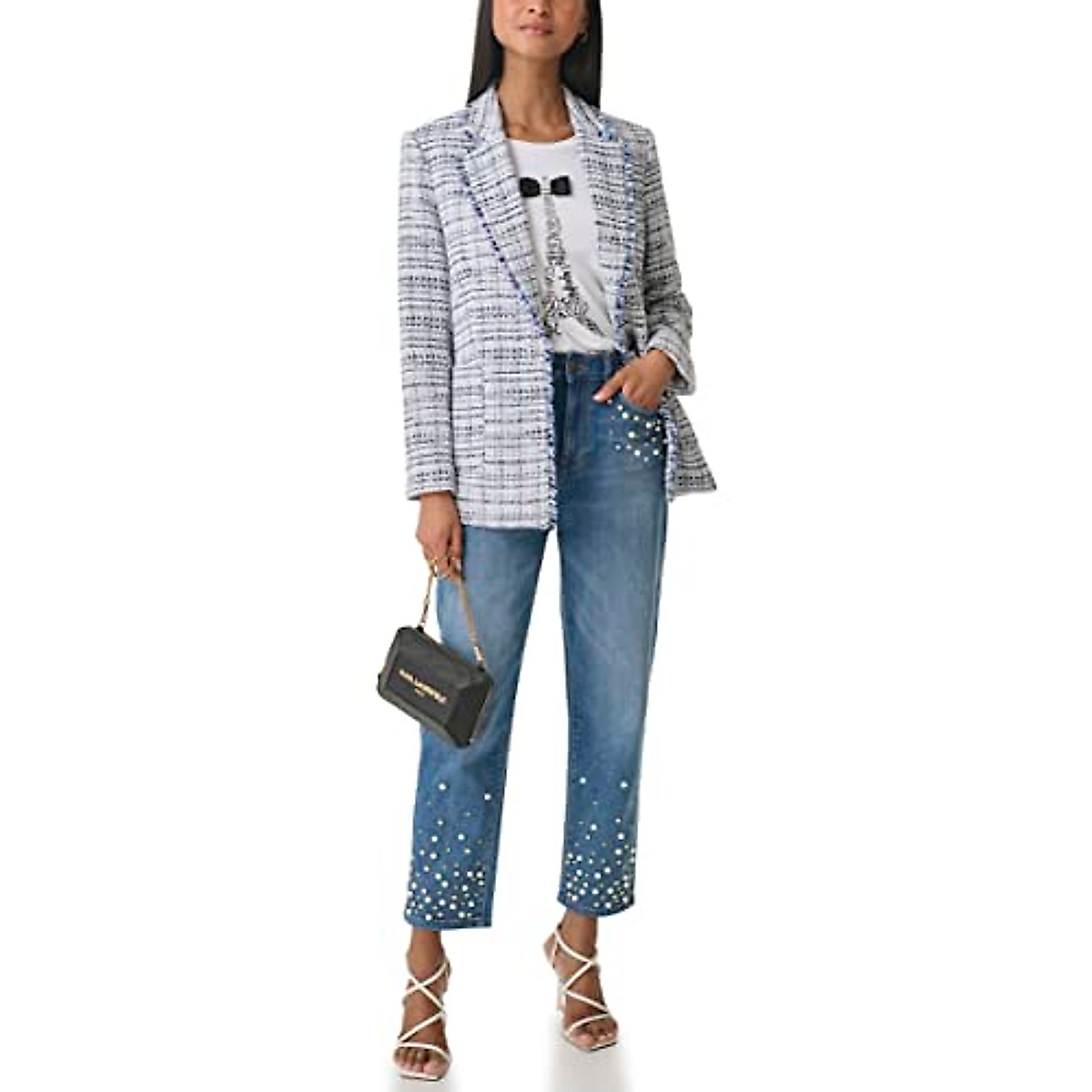 Karl Lagerfeld Paris Women's Tweed Long Sleeve Everyday Fashion Sport Jacket, Denim Multi, 6