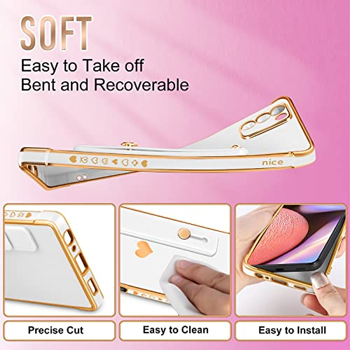 Likiyami for Samsung Galaxy A03S Phone Case Heart for Women Girls Girly Cute Pretty Luxury Aesthetic with Stand Cases White and Gold Plating Love Hearts Cover Screen Chain for Galaxy A03S 6.5"