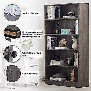 Wood Bookcase 5-Shelf Freestanding Display Wooden Bookshelf for Home Office School (11.6" D*33" W*59.8" H,Grey)