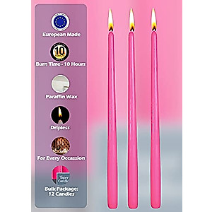 12 Pack Tall Taper Candles - 12 Inch Hot Pink Fuschia Dripless, Unscented Dinner Candle - Paraffin Wax with Cotton Wicks - 10 Hour Burn Time
