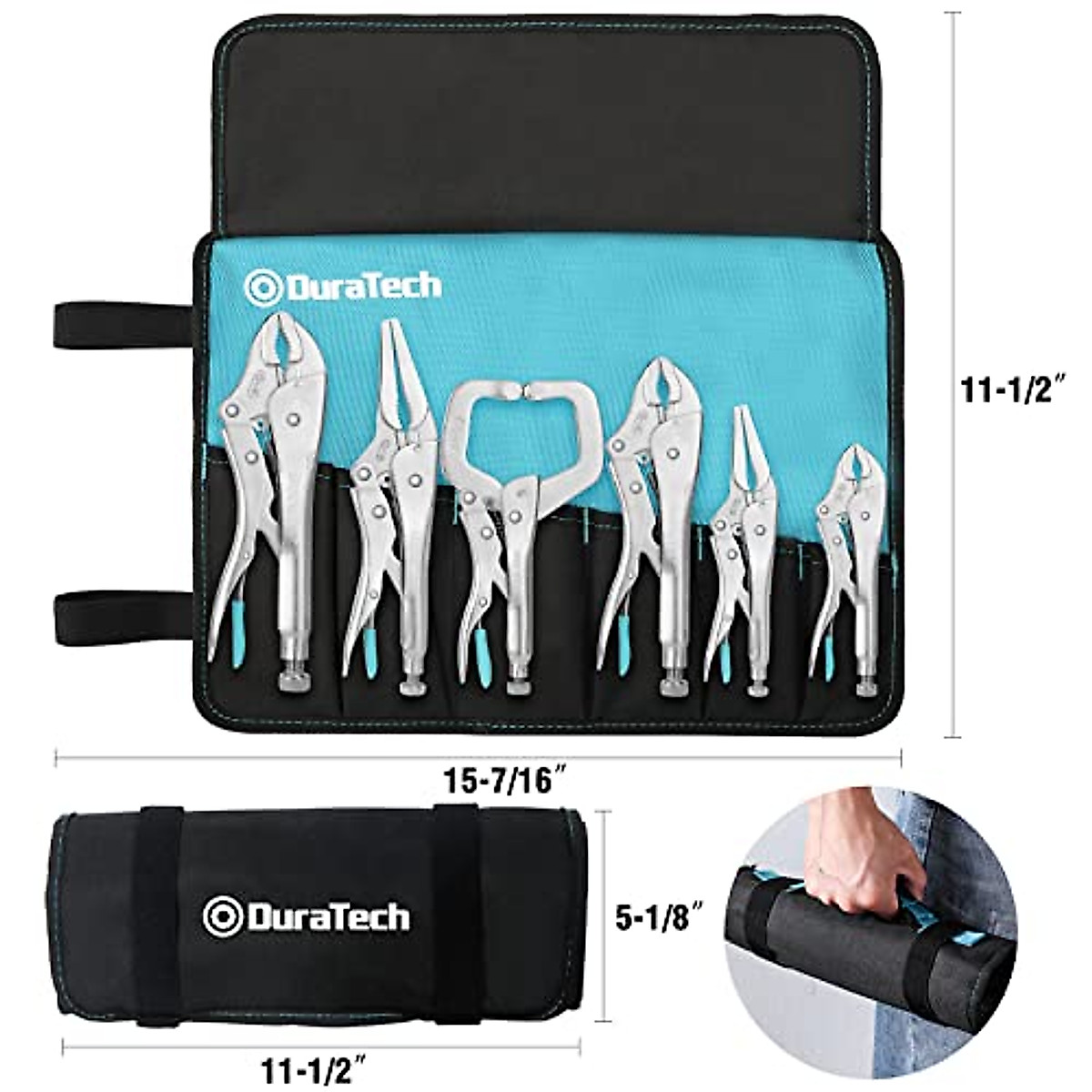 DURATECH 6-Piece CR-V Locking Pliers Set, 6-1/2”, 9-1/2” Long Nose Locking Pliers, 5”, 7” and 10” Curved Jaw Locking Pliers, 6” C-clamp Locking Pliers, Fast Release with Oxford Rolling Pouch