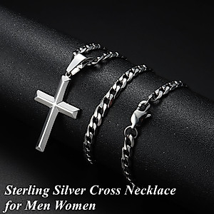 Fansilver 925 Sterling Silver Cross Pendant Necklace Diamond-Cut Cuban Link Chain Necklace Highly Polished Beveled Edge Cross Chain Necklace Silver Cross Necklace for Men Women 24 Inches