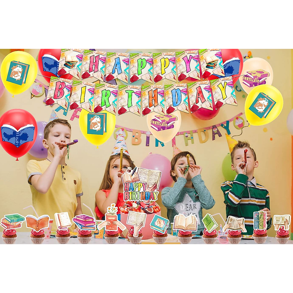 Books Party Decorations Book Club Birthday Party Supplies Includes Book Happy Birthday Banner Cake Topper Cupcake Toppers Balloons for Library Party Decorations