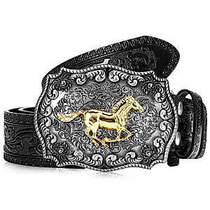 Xuniea Western Cowboy Belts for Men Women Horse Buckle Belt Cowgirl Leather Belt(for 36-39" Waist,Black)
