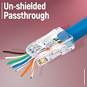 GTZ RJ45 Cat6/6a Pass Through Connectors for a Thick 23 AWG Large Diameter UTP Network Cable, 100 Pcs | Insert Guides Included