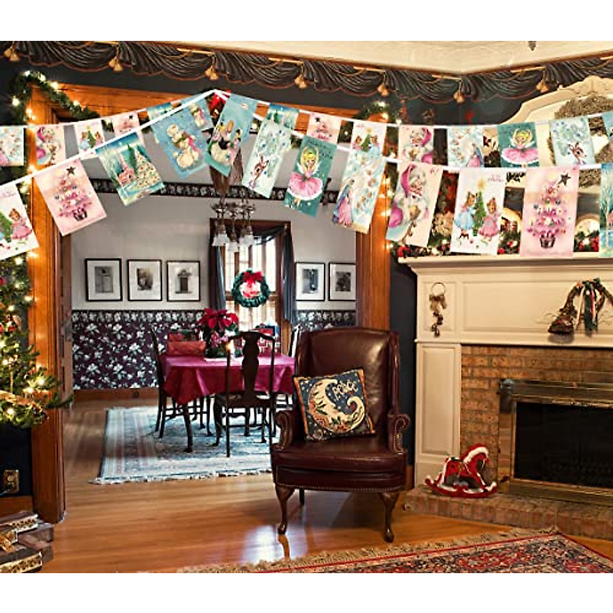 Vintage Style Christmas Banner Retro Christmas Garland Retro Christmas Bunting Decoration Vintage Style Xmas Bunting Banner for Home Fireplace Christmas Holiday New Year Party Indoor Outdoor Decor
