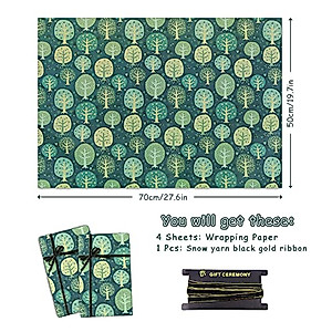 Green Tree Wrapping Paper,White Kraft Gift Wrapping Paper for Boys,4 Folded Sheets Cartoon Wrapping Paper with String for Kids Birthday Baby Showers Christmas Father's Day Party Gift Wrap,28*20 Inch