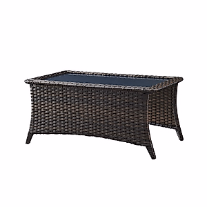 Pugire Patio Table Outdoor Coffee Tables - Rattan Wicker Coffee Table with Glass Top and 2-Tier Storage Shelf Rectangle for Outdoor Patio Porch Deck Balcony Garden(Brown/Glass Top)