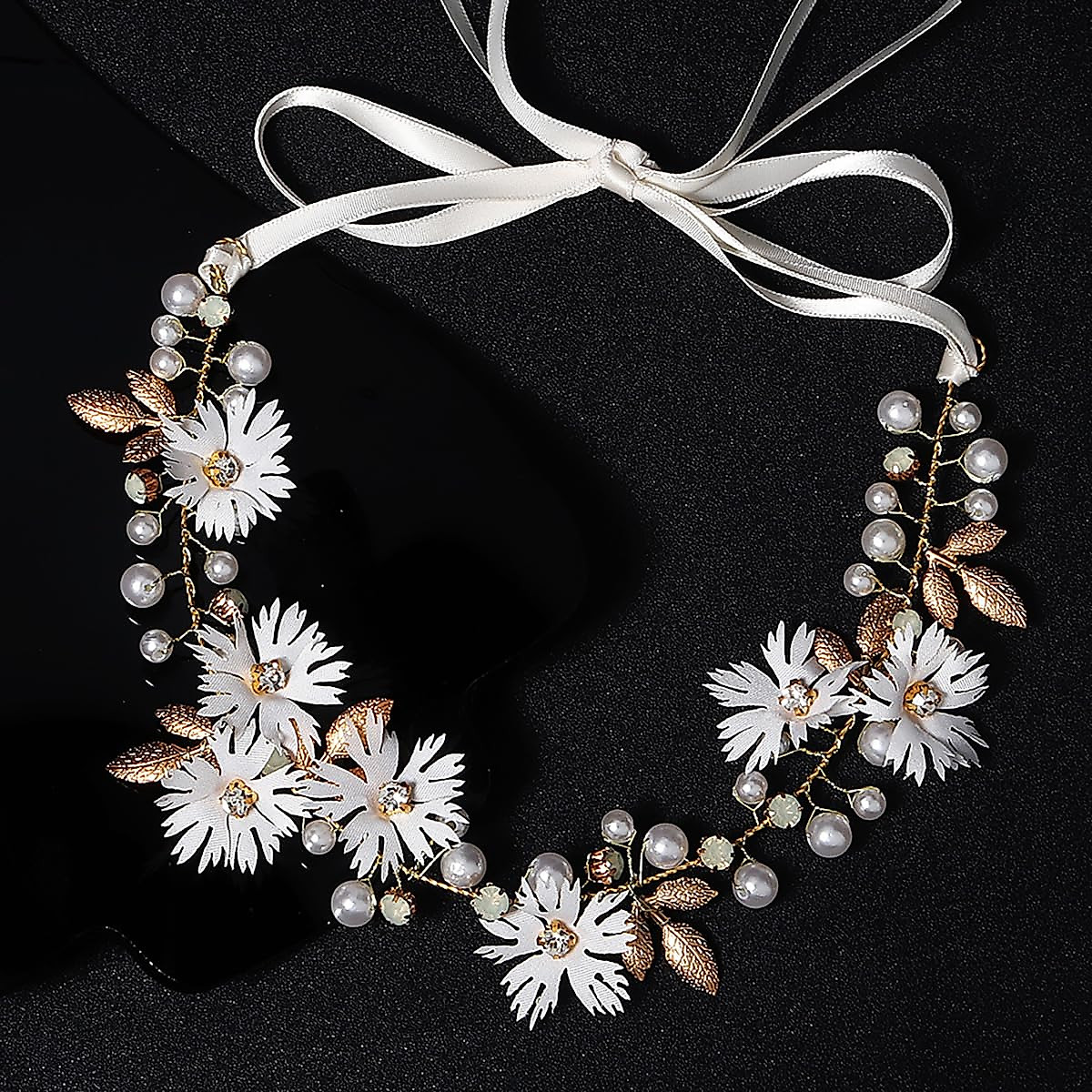 Auswalar 2 PCS Daisy Pearl Flower Vine Rhinestones Headband, Flower Headband Floral Hair Wreath Headpiece for Bridal Women Girls Hippie Wedding Party