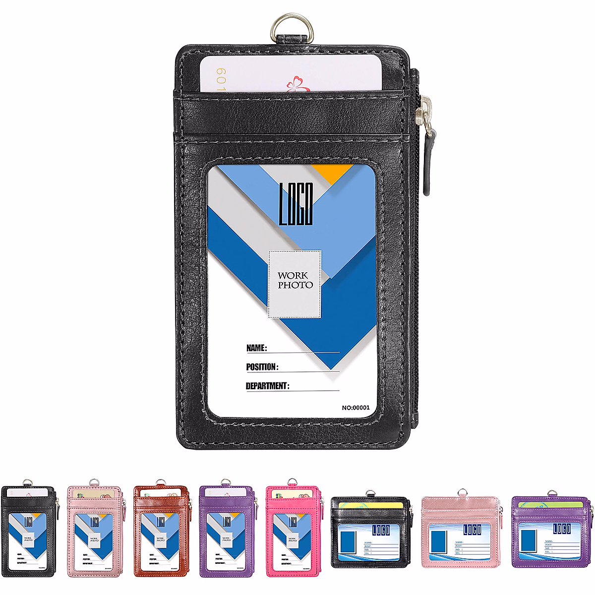 Badge Holder with Zipper, Wisdompro School Supply 2-Sided PU Leather College ID Badge Holder with 1 ID Window, 4 Card Holder Slots, 1 Side Pocket and 20 Inch Leather Neck Strap Lanyard -Vertical Black