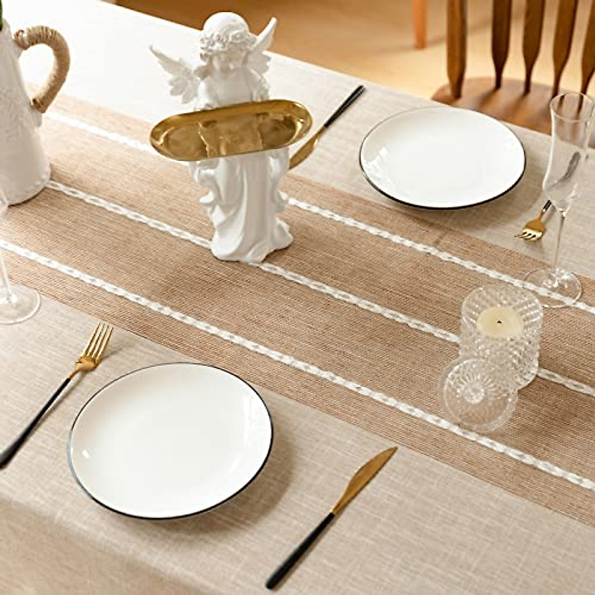 INUTOWA Handmade Tassels Tablecloth Embroidery Burlap Linen - Heavy Duty Wrinkle Free Rectangle Table Cloth for 6 Foot Tables Rustic Farmhouse Tablecloths for Outdoor Party Kitchen Coffee 55x86