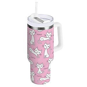 Cute Cat Cartoon Pink Tumbler with Handle and Straw Lid, Animal 40 oz Insulated Coffee Cup Stainless Steel Water Bottle Travel Mug Cupholder Friendly,Gifts for Women Men