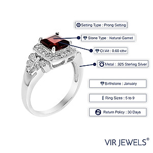 VIR JEWELS 0.60 cttw Garnet Ring .925 Sterling Silver with Rhodium Princess Shape 5 MM Size 5