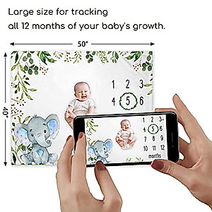 Yuzioey Baby Monthly Milestone Blanket Elephant, Safari Elephant Baby Photo Blanket, Gift for New Moms Baby Shower, Watch Me Grow Baby Boy Greenery Elephant Nursery Décor, Includes Marker (50"x40")