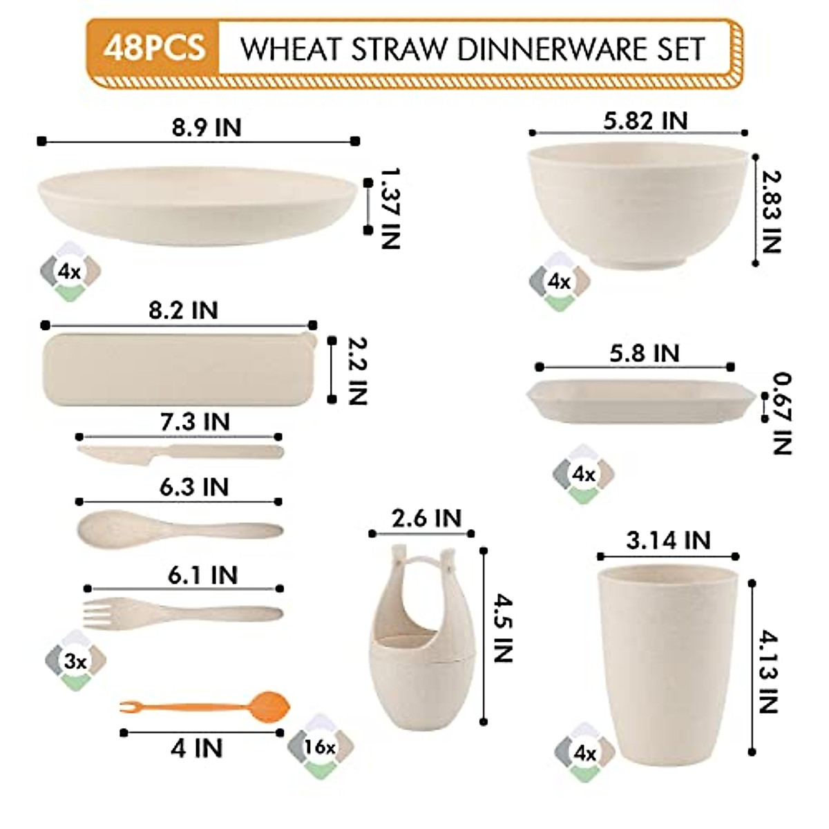 Wheat Straw Dinnerware Sets for 4, 48PCS Unbreakable Microwave Dishwasher Safe Dinnerware Set for Kids Adults, Reusable Lightweight Plates Cups and Bowls Set for Camping Kitchen Picnic Dorm Rv Dishes