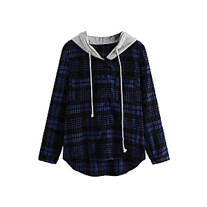 SweatyRocks Women's Casual Plaid Hoodie Shirt Long Sleeve Button-up Blouse Tops (Medium, Navy)
