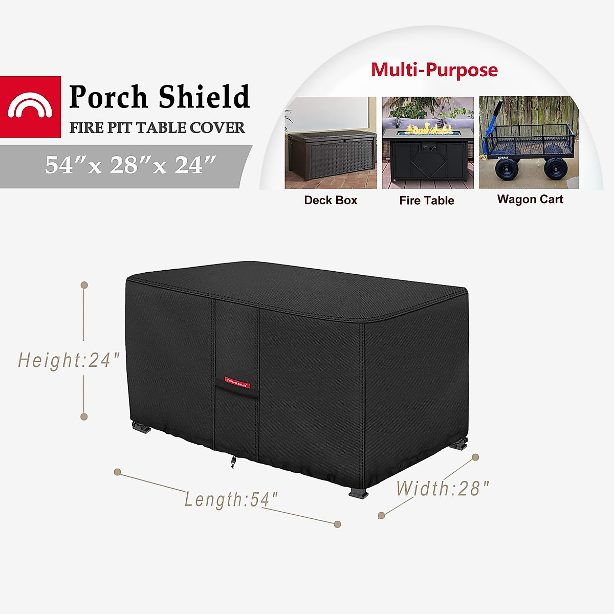 Porch Shield Patio Fire Pit Cover - Waterproof 600D Outdoor Rectangular Fire Table Cover Deck Box Protector - 54 x 28 inch, Black