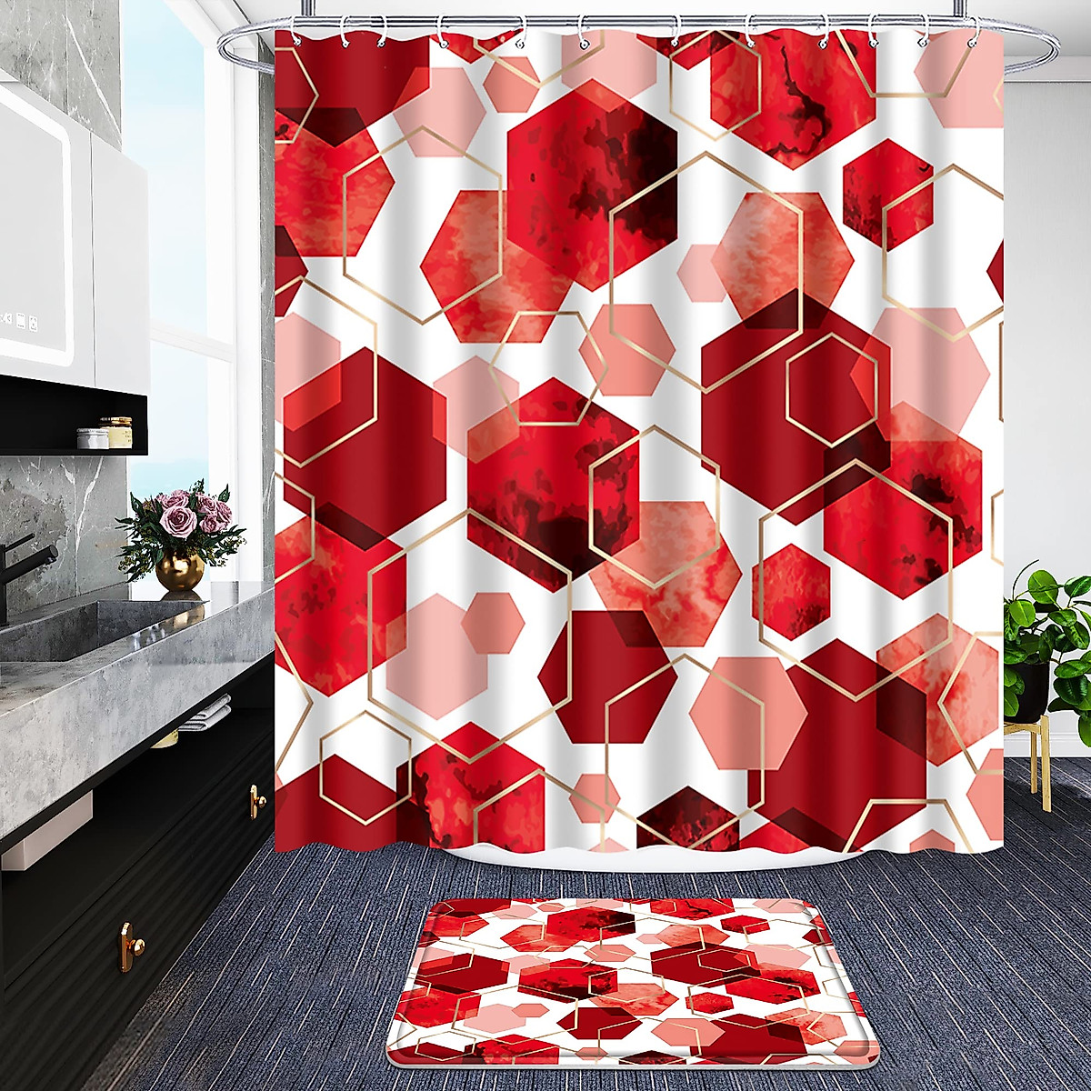 YOKYHOM Bathroom Sets, 4 Piece Geometric Red Bathroom Shower Curtain Sets with Rugs, Incl 71'' x 71'' Polyester Waterproof Shower Curtain with 12 Hooks, Non Slip Bath Mats and Toilet Lid Oval Rug