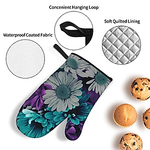 YILEQUAN Purple and Teal Flowers Print Oven Mitts Pot Holders Sets,Kitchen Glove High Heat Resistant 500 Degree Potholder,Surface Safe for Baking, Cooking, BBQ,Pack of 4 One Size