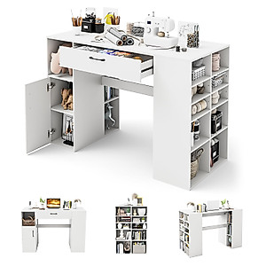 COSTWAY 36” Counter Height Sewing Table, 53 Inch Artwork Craft Table with 14 Open Compartments, 3-Position Adjustable Shelf, 1 Drawer & Cabinet, Project Center Desk Drafting Sewing Workstation, White