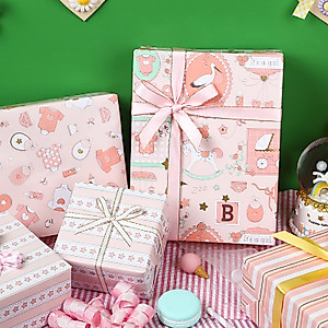 WRAPAHOLIC Baby Girl Wrapping Paper Roll - Cute Hobbyhorse and Baby Clothes Design Perfect for Celebration, Party, Baby Shower Present Packing - 4 Rolls - 30 inch X 120 inch Per Roll