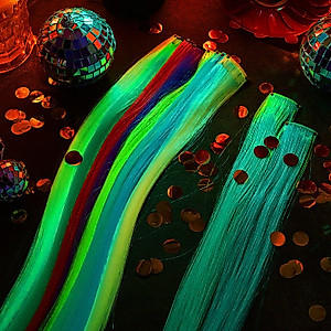 20 Pcs Glow in the Dark Hair Extensions Clip Luminous Colored Hairpieces Party Rainbow Hair Clips Synthetic Neon Fake Hair Clips Hair Accessories for DIY Women Kids Girls, 10 Color (Straight Hair)