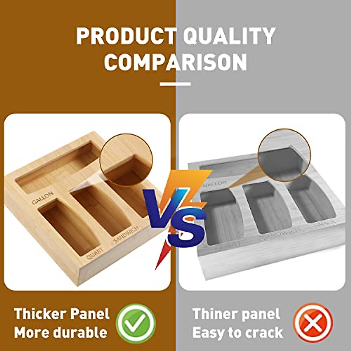 Bamboo Ziplock Bag Storage Organizer for Kitchen Drawer Large and Sturdy Ziplock Bag Organizer for Gallon, Quart, Sandwich, Snack, 8" Quart Bags, Variety Bags