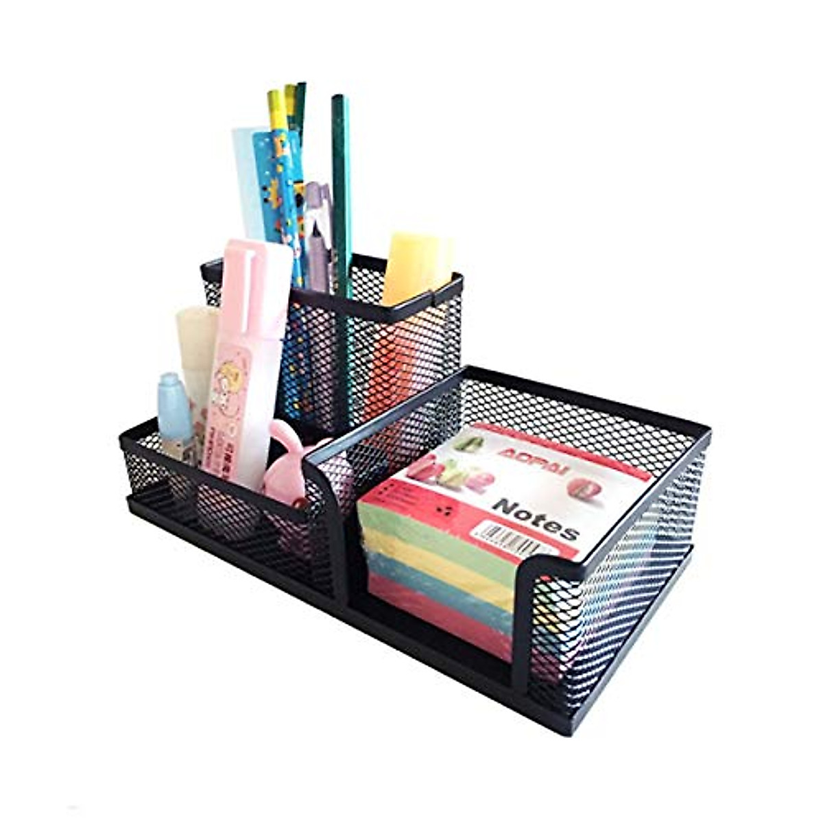 2 Pack Black Pen Holder Mesh Desk Organizer Office Supplies Caddy with Pencil Holder and Storage Baskets for Desk Accessories, 3 Compartments