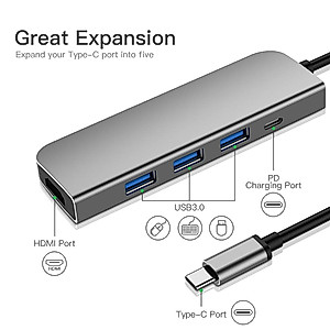 MSVII USB C Hub, 5 in 1 USB C Adapter with 4K HDMI, USB C to USB Power Delivery, 3 USB 3.0 Ports, PD Fast Charging for MacBook Air