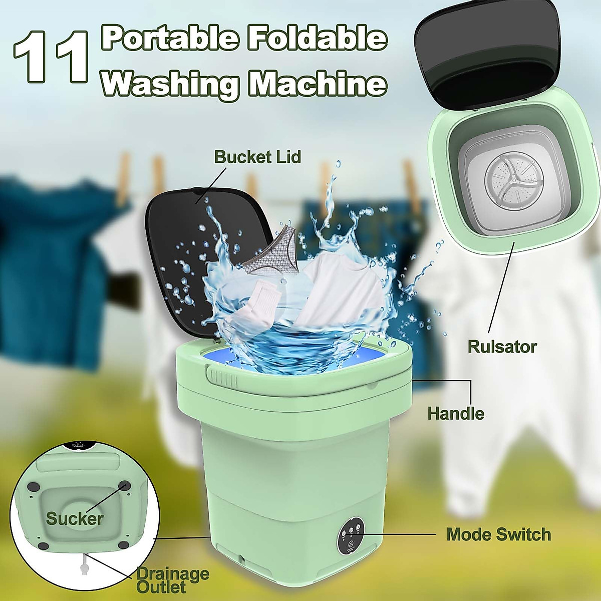 Portable Washing Machine, 11L Large Capacity, Mini Foldable Washing Machine with Spin Dryer, Small Collapsible Laundry Washer for Travel, Apartment, RV, Underwears, Socks, Baby Clothes, Green