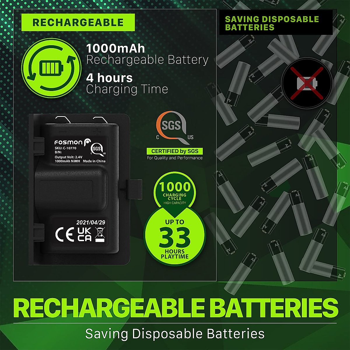 Fosmon Rechargeable Battery Pack Compatible with Xbox Series X/S Controllers (Not for Xbox One / 360) Controller (2 Pack), Works with Fosmon Charging Dock C-10765/C-10769/C-10773/C-10774 - Black