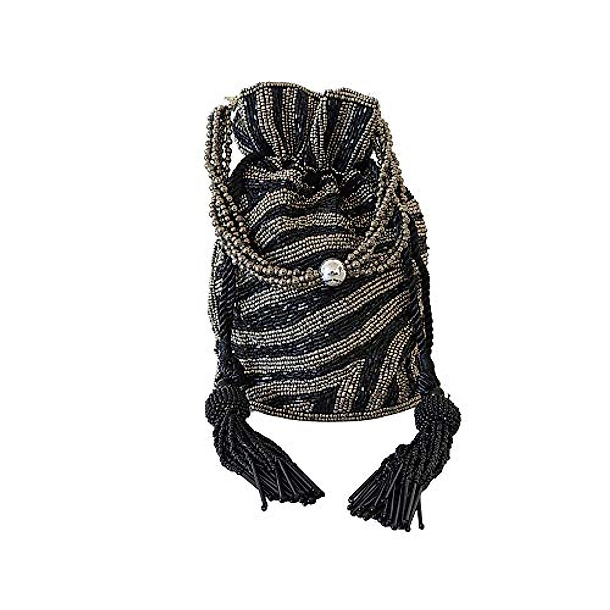 CRAFT BAZAAR Women Handmade Indian Potli Bag, Bead Zebra Bag, Standing Drawstring Purse, Mini Bucket Bag With Wristlet and Tassels