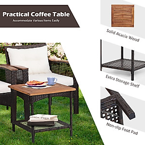 Tangkula 5 Pieces Wicker Patio Furniture Set, Patiojoy Outdoor Acacia Wood Cushioned Conversations Set with Ottomans and Storage Table, for Porch, Garden,Deck and Poolside (Off White)