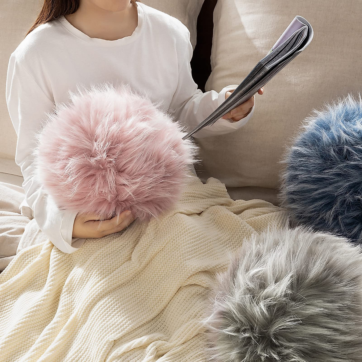 Ashler Plush Round Pillows, Ball Throw Pillow with Handle, Faux Fur Luxury Soft Decorative Cushion, Modern Home Decor Fluffy Round Pillow for Sofa, Bed, Chair, Light Gray, 9 x 9 inch