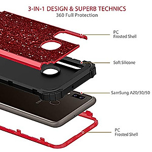Hekodonk for Galaxy A20/A30/A50 Case, Heavy Duty Shockproof Protection Hard Plastic+Silicone Rubber Hybrid Protective Case for Samsung Galaxy A20/A30/A50-Bling Red