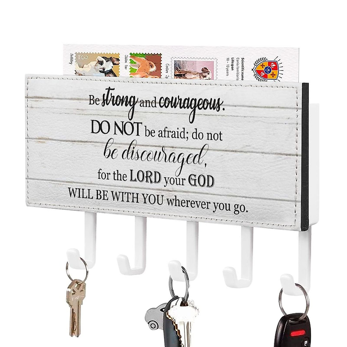 Be Strong and Courageous Do Not Be Afraid Key Holder Wall Mount Key Hanger Saying Quote Self Adhesive Key Hanging Rack Farmhouse Decorative for Entryway Front Door Kitchen Hallway 7x4 inch